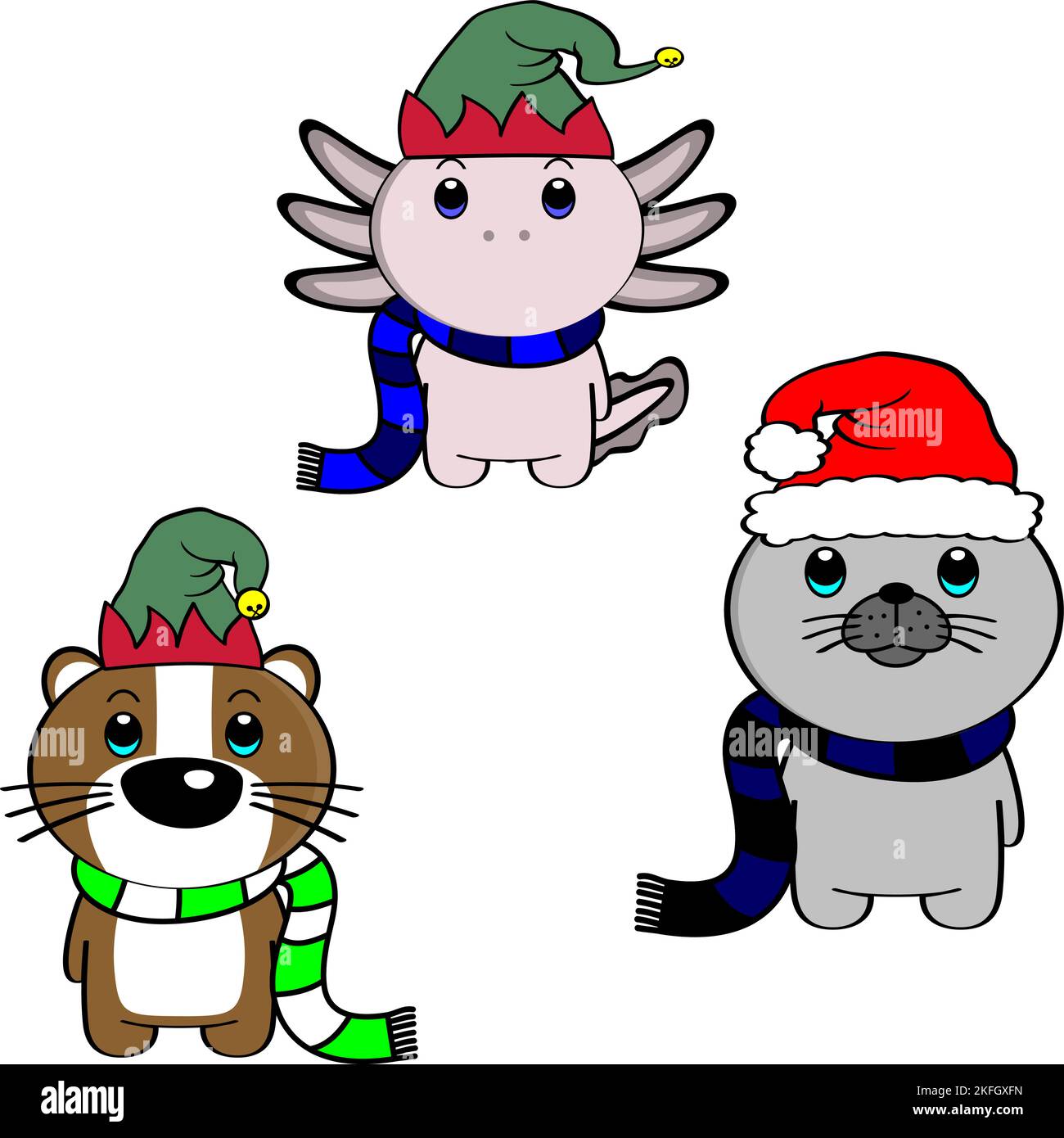 xmas cute chibi standing baby animals pack illustration. christmas ...