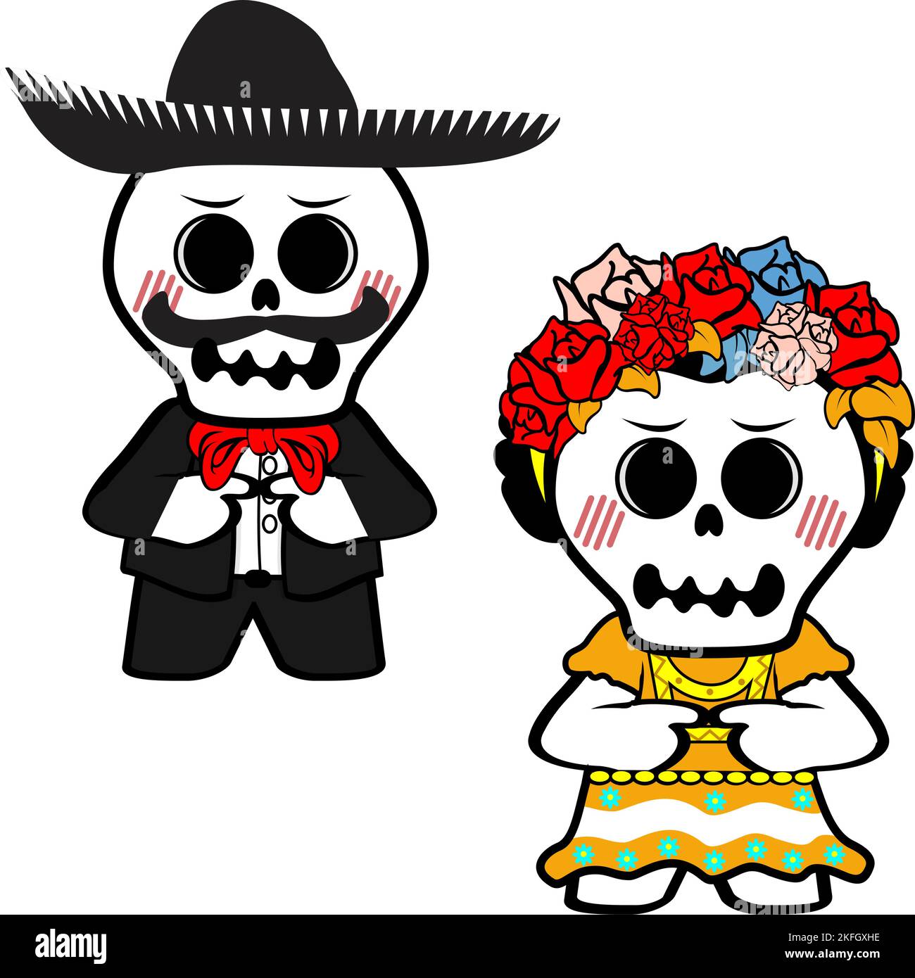 ashamed mexican kid skull cartoon couple set illiustration in vector ...