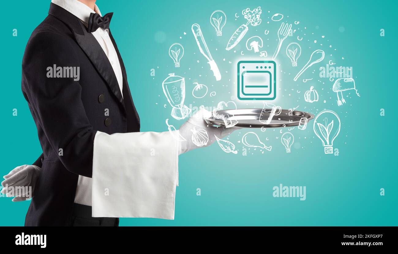 Waiter holding silver tray with food icons above Stock Photo - Alamy