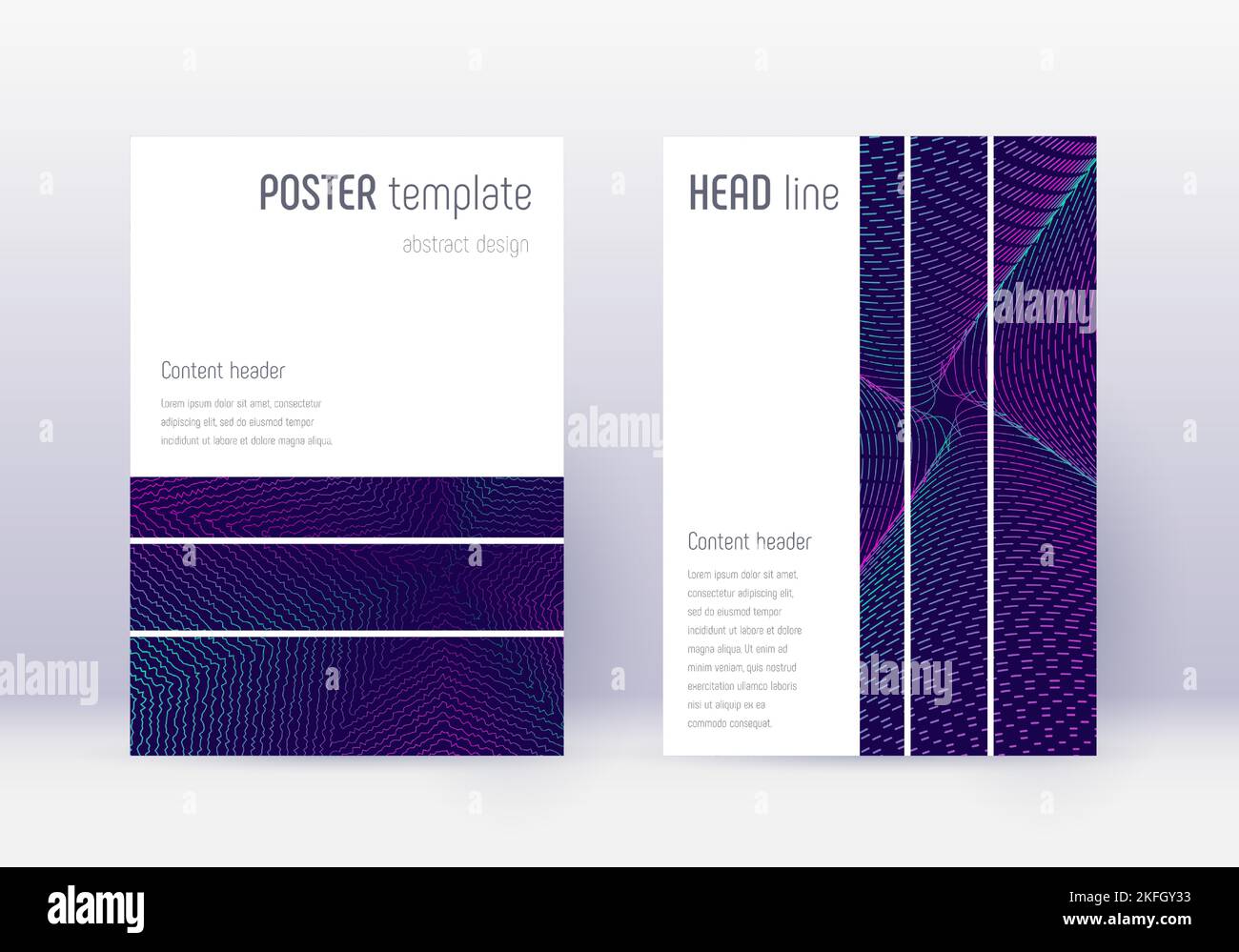 Geometric cover design template set. Neon abstract lines on dark blue ...