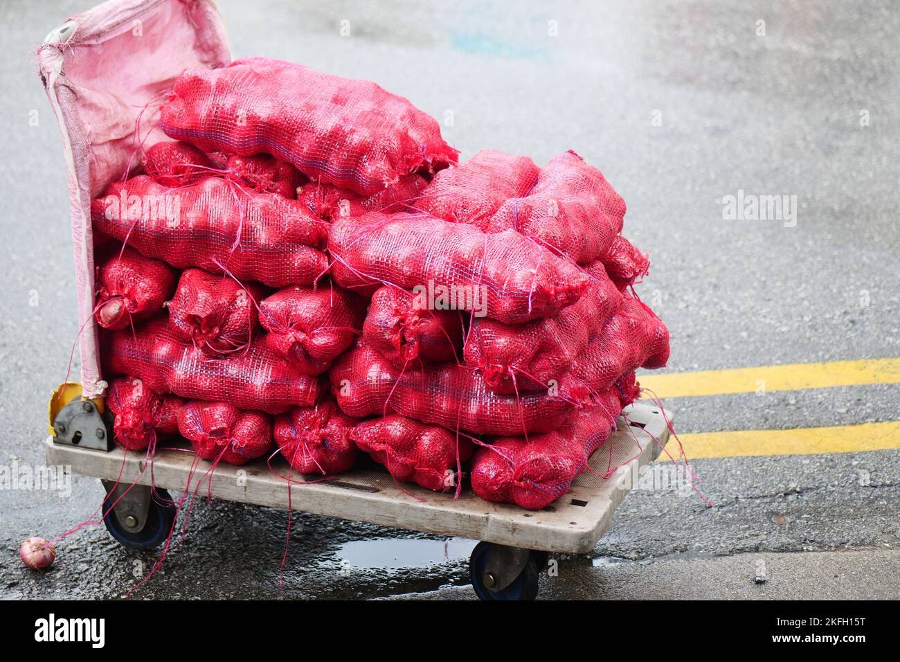stack of red onion in bags Stock Photo - Alamy