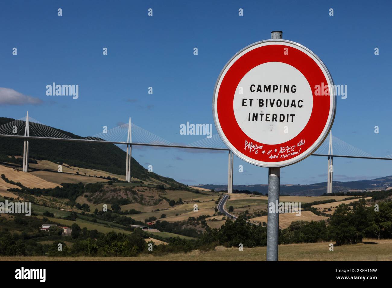 No camping,campervans,tents,signage,sign,with,views,of,The Millau ...