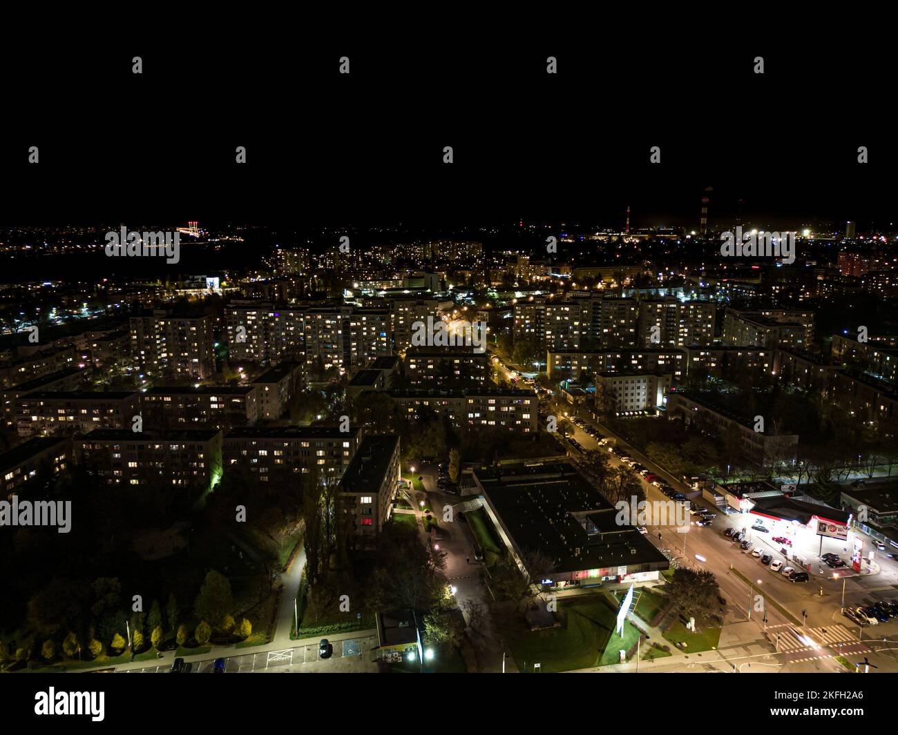 Night panorama of Warsaw from above, downtown, photo from the drone ...