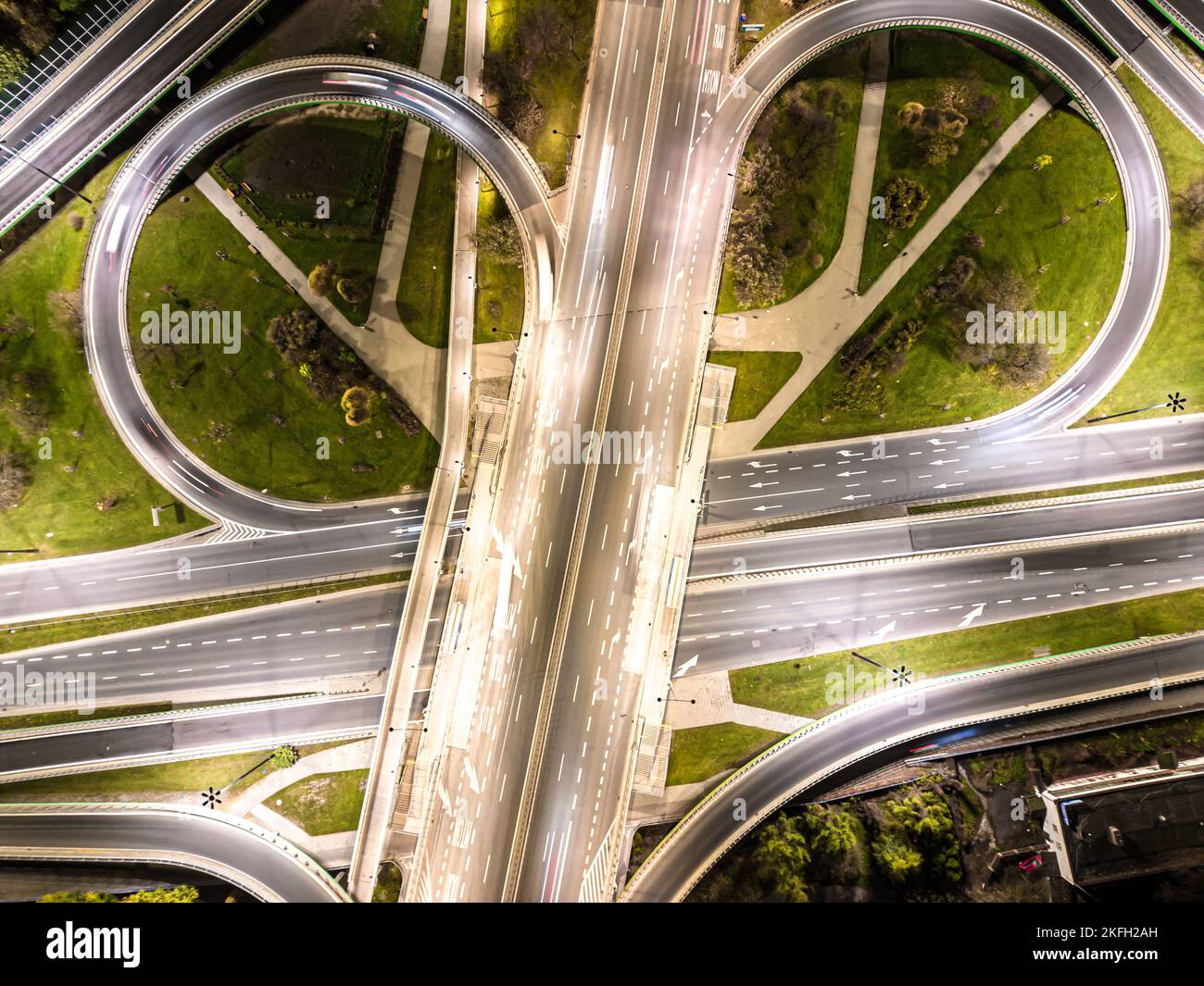 Aerial view Expressway motorway highway circus intersection at Night ...