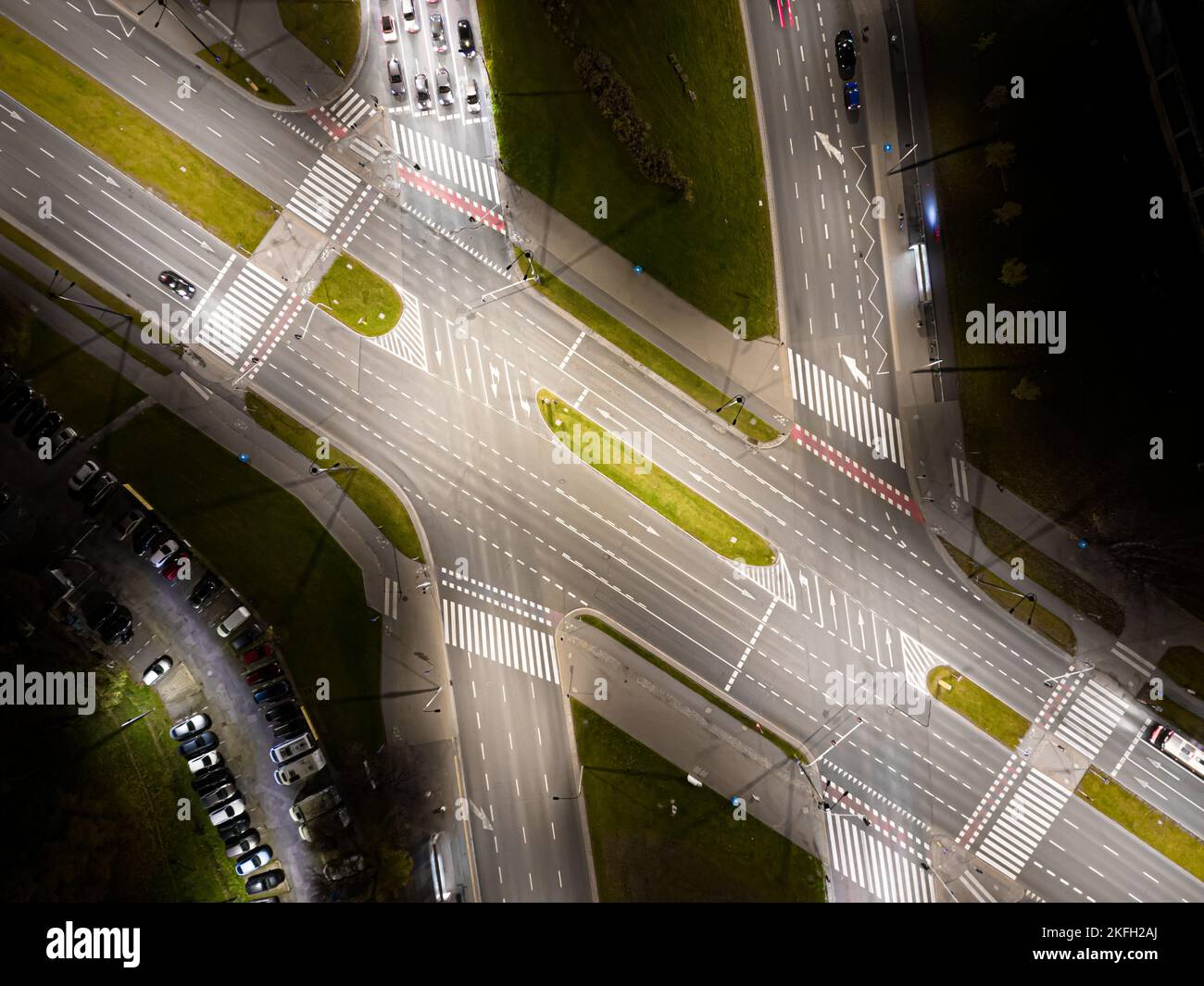 Night traffic transportation at the roundabout street road, City and ...