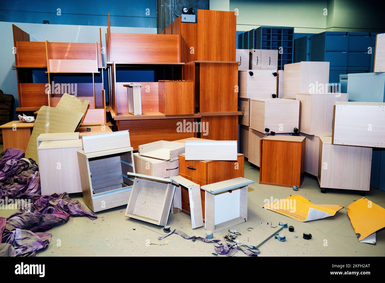 old broken cupboards and cabinets lies in the room Stock Photo - Alamy