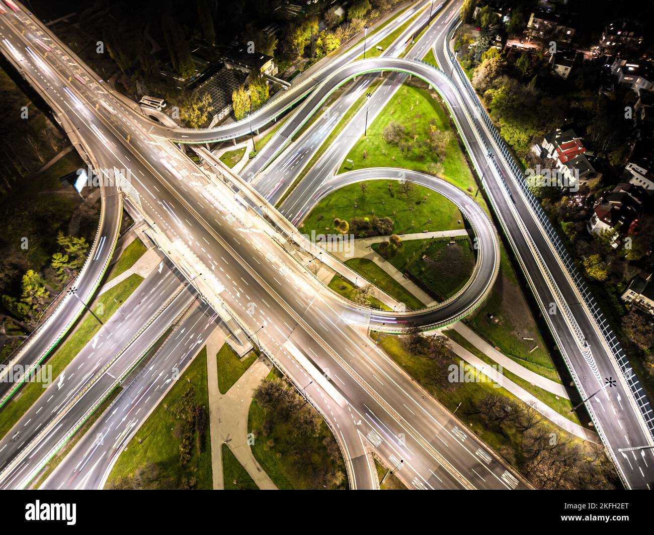 Aerial view Expressway motorway highway circus intersection at Night ...