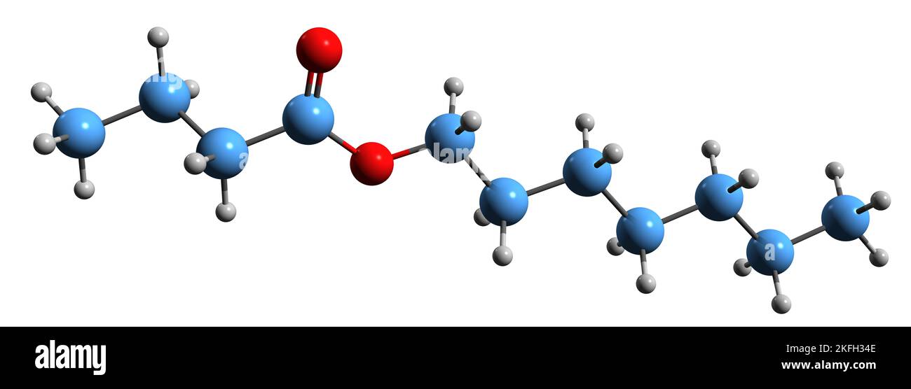 3D image of heptyl butyrate skeletal formula - molecular chemical ...