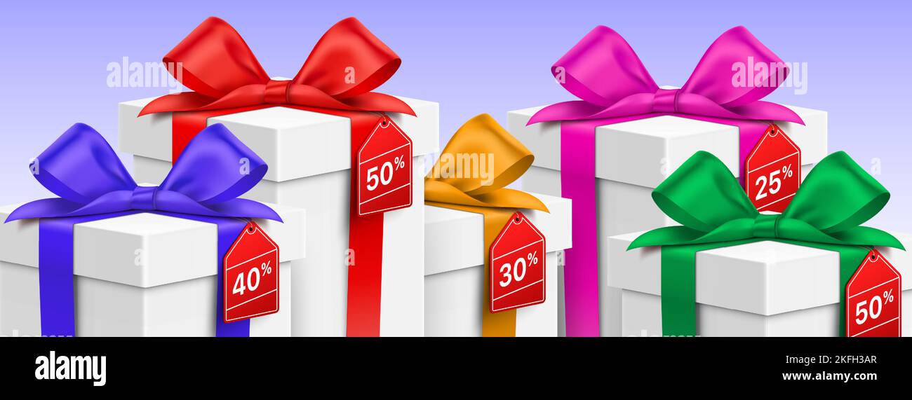 Colorful gift boxes with discount percentage tags. Holiday shopping ...
