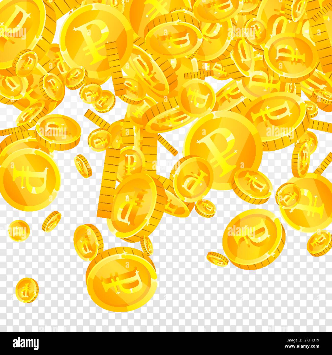 Russian ruble coins falling. Scattered gold RUB coins. Russia money ...