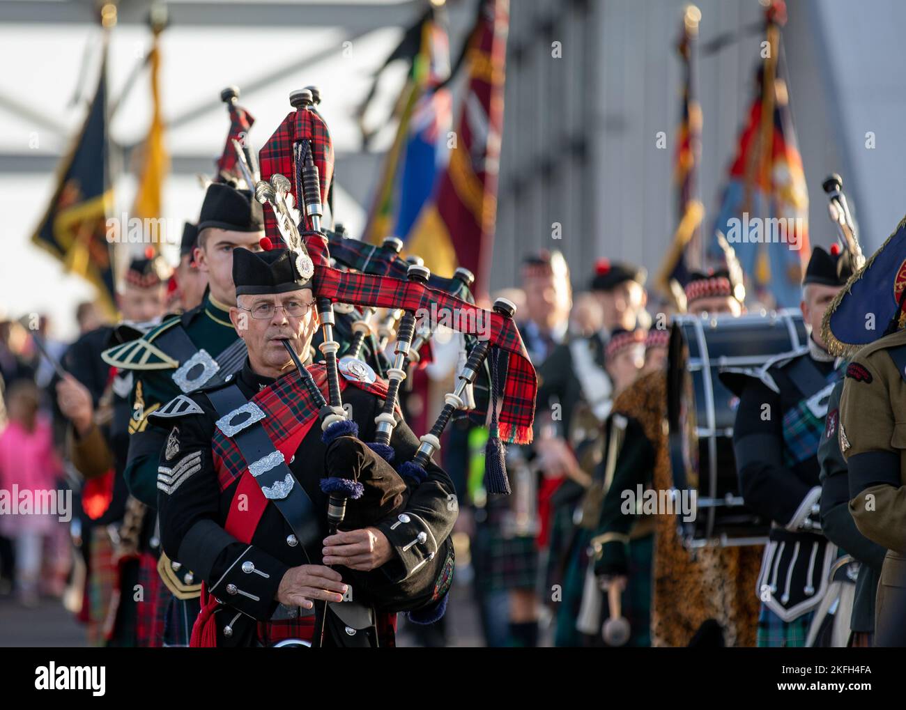A group of British and Dutch musicians march for a parade during the ...