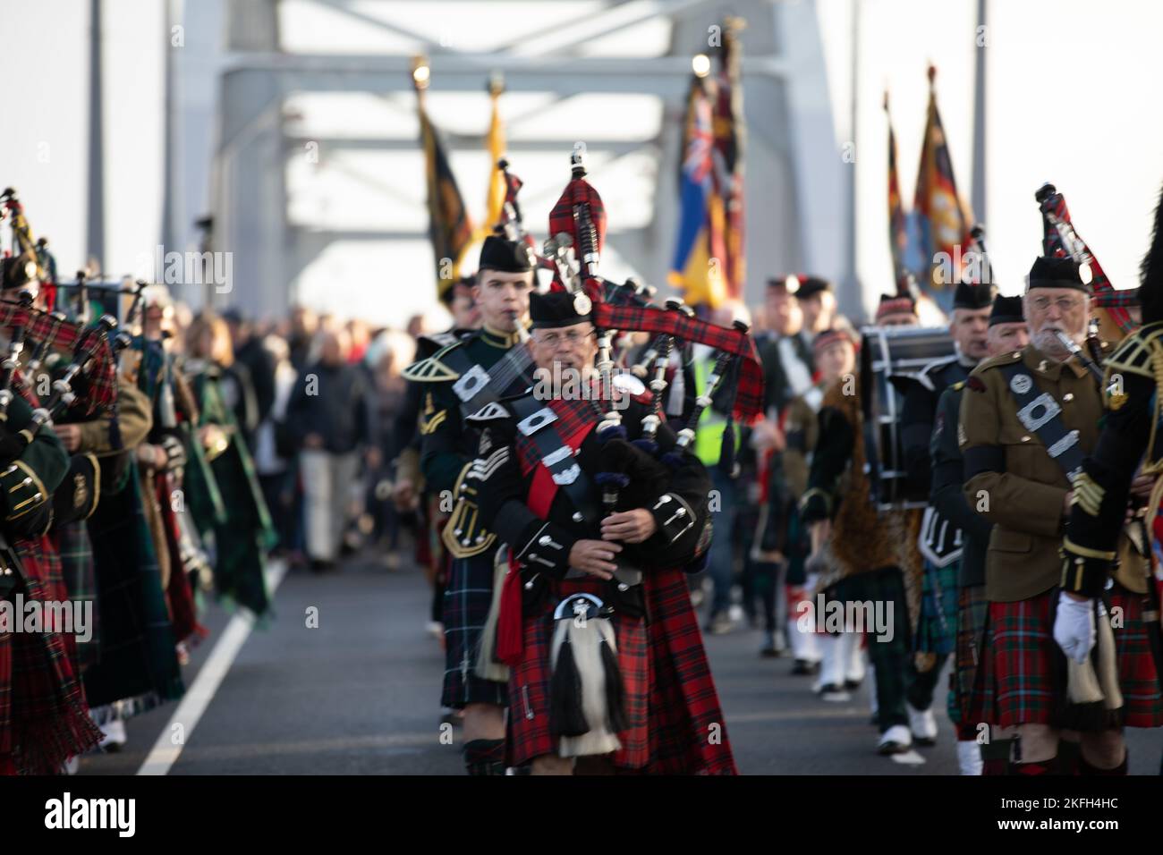 A group of British and Dutch musicians march for a parade during the ...