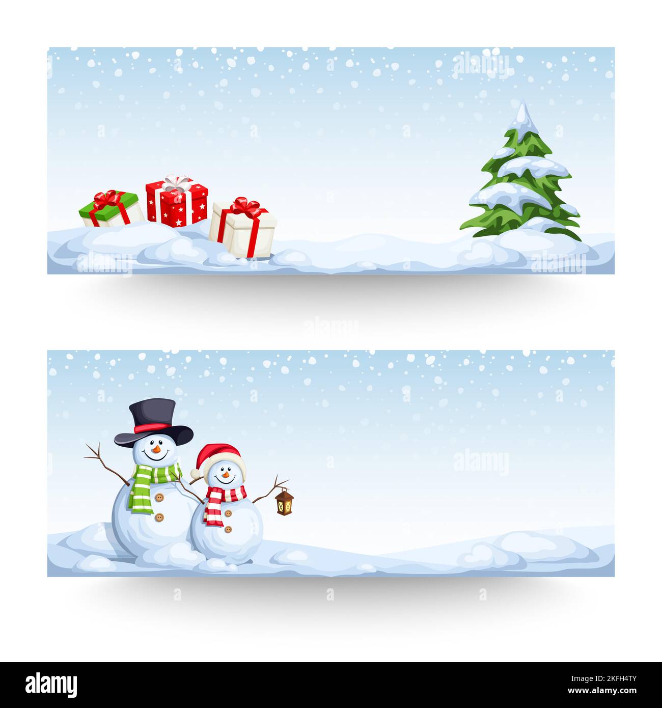 Christmas web banners with Christmas tree, gift boxes, snowmen, and ...