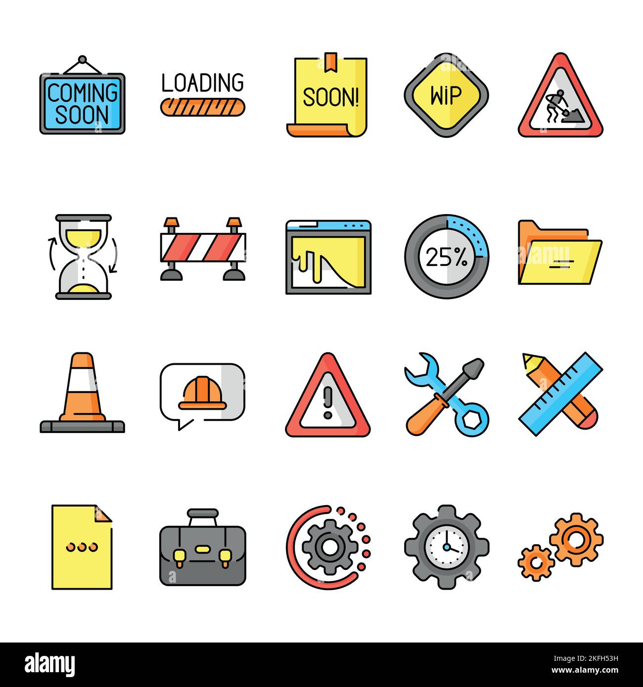 Technical works color line icons. Website banner. Download process ...
