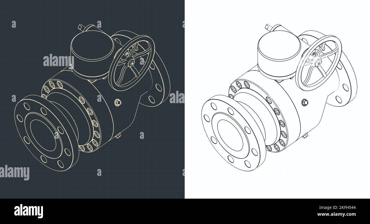 Stylized vector illustration of isometric blueprints of ball valve ...