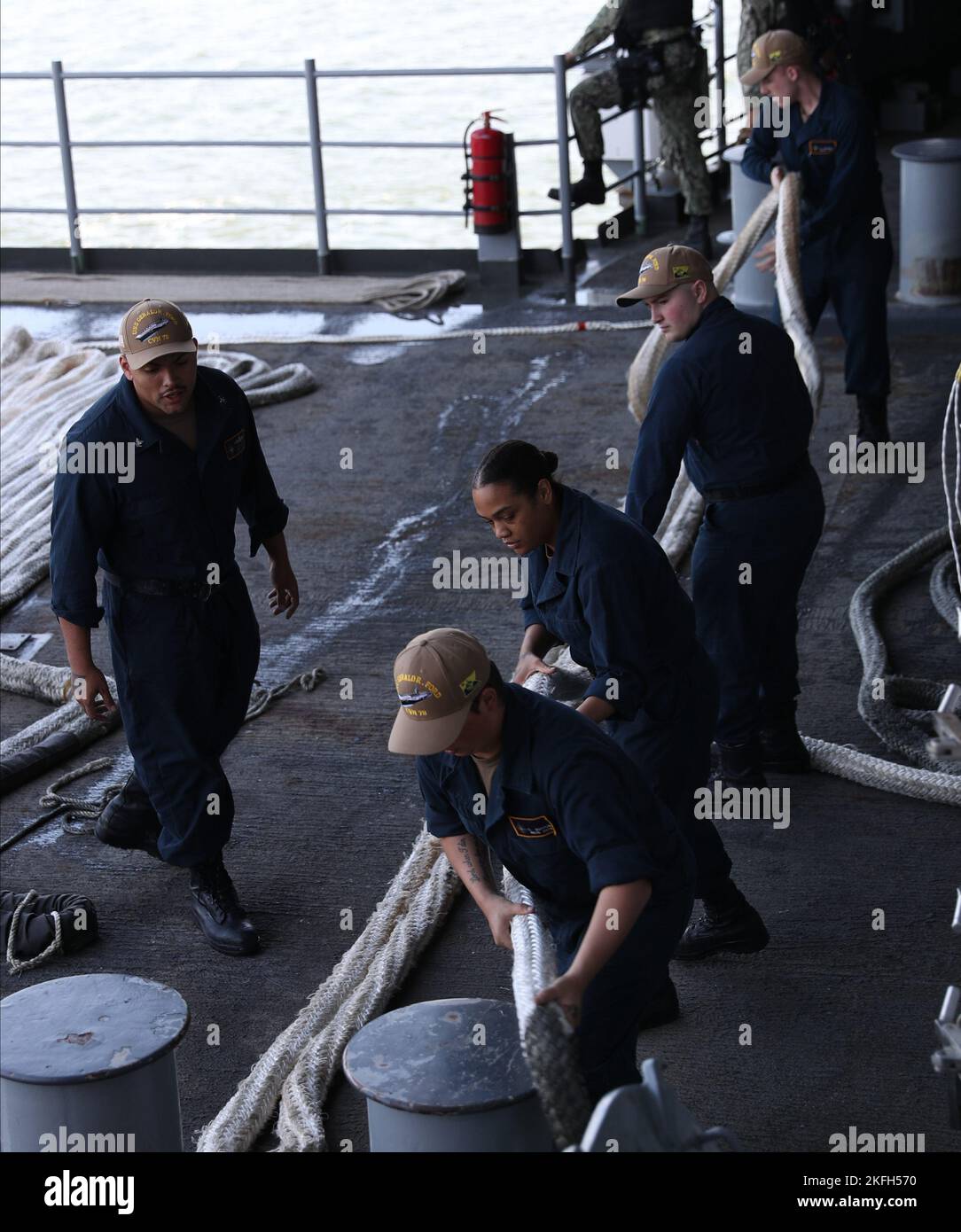 Sailors assigned to USS Gerald R. Ford’s (CVN 78) deck department heave ...
