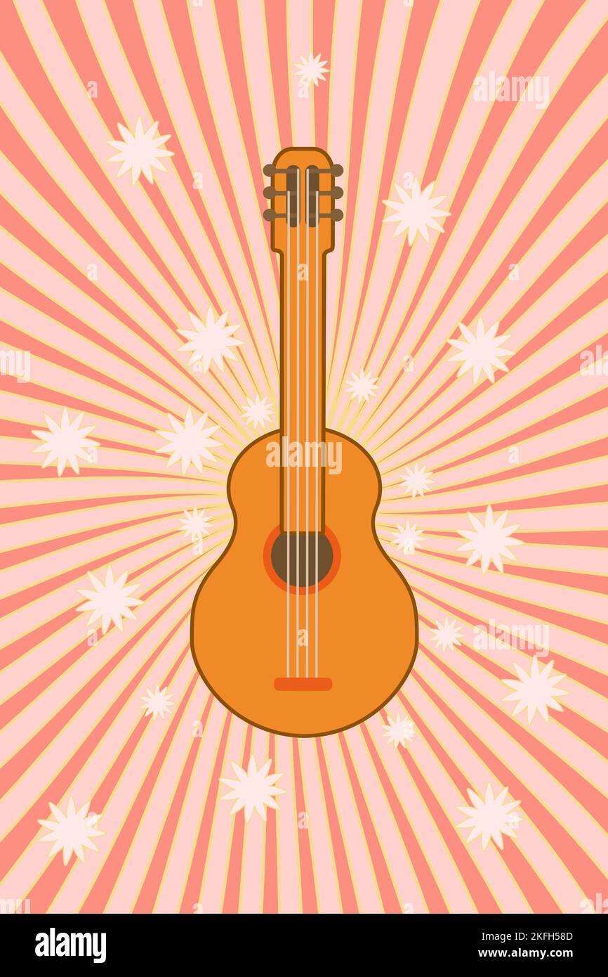 Groovy music with retro guitar. Hippie style. Vintage art design ...