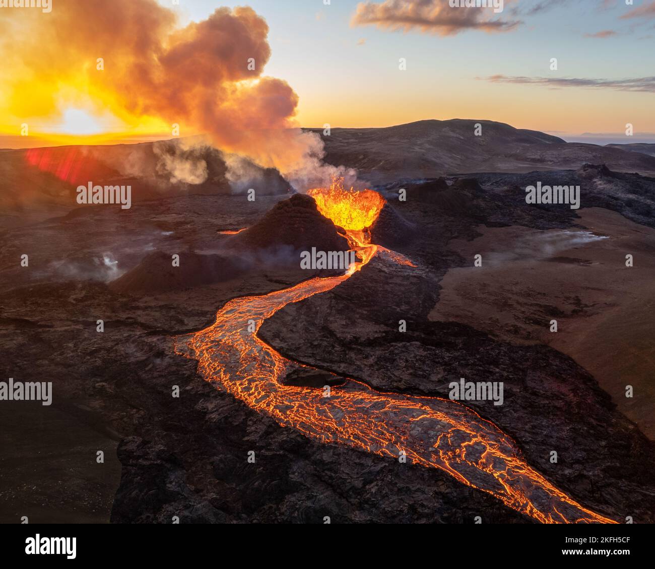 An aerial view of lava pouring out of an erupting volcano in Iceland ...