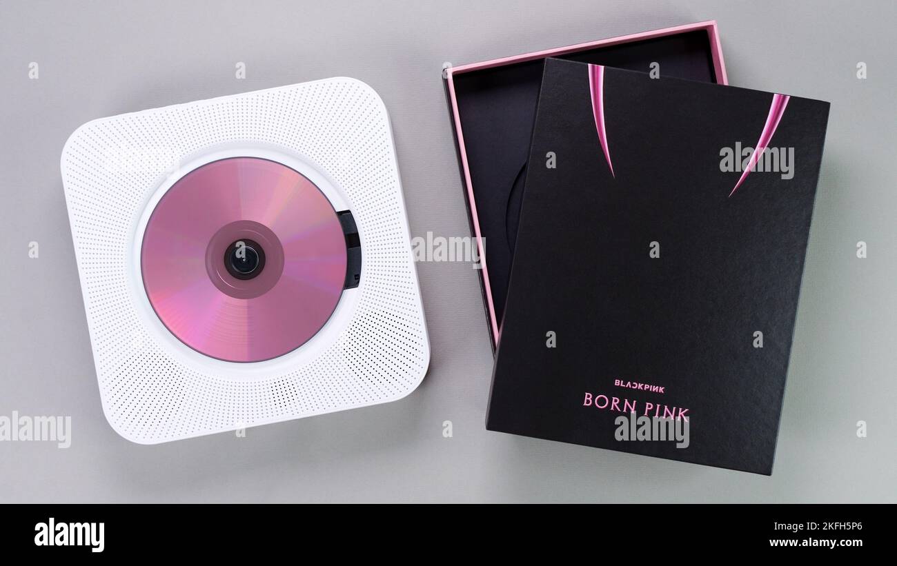 BlackPink BORN PINK 2nd Album Box set on grey with Pink music CD in retro player. Stylish CD ...