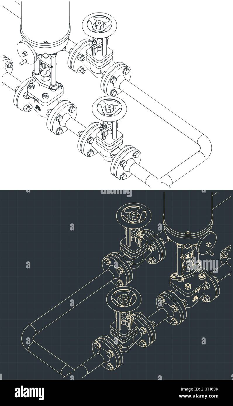 Stylized vector illustration of isometric blueprints of control valves ...
