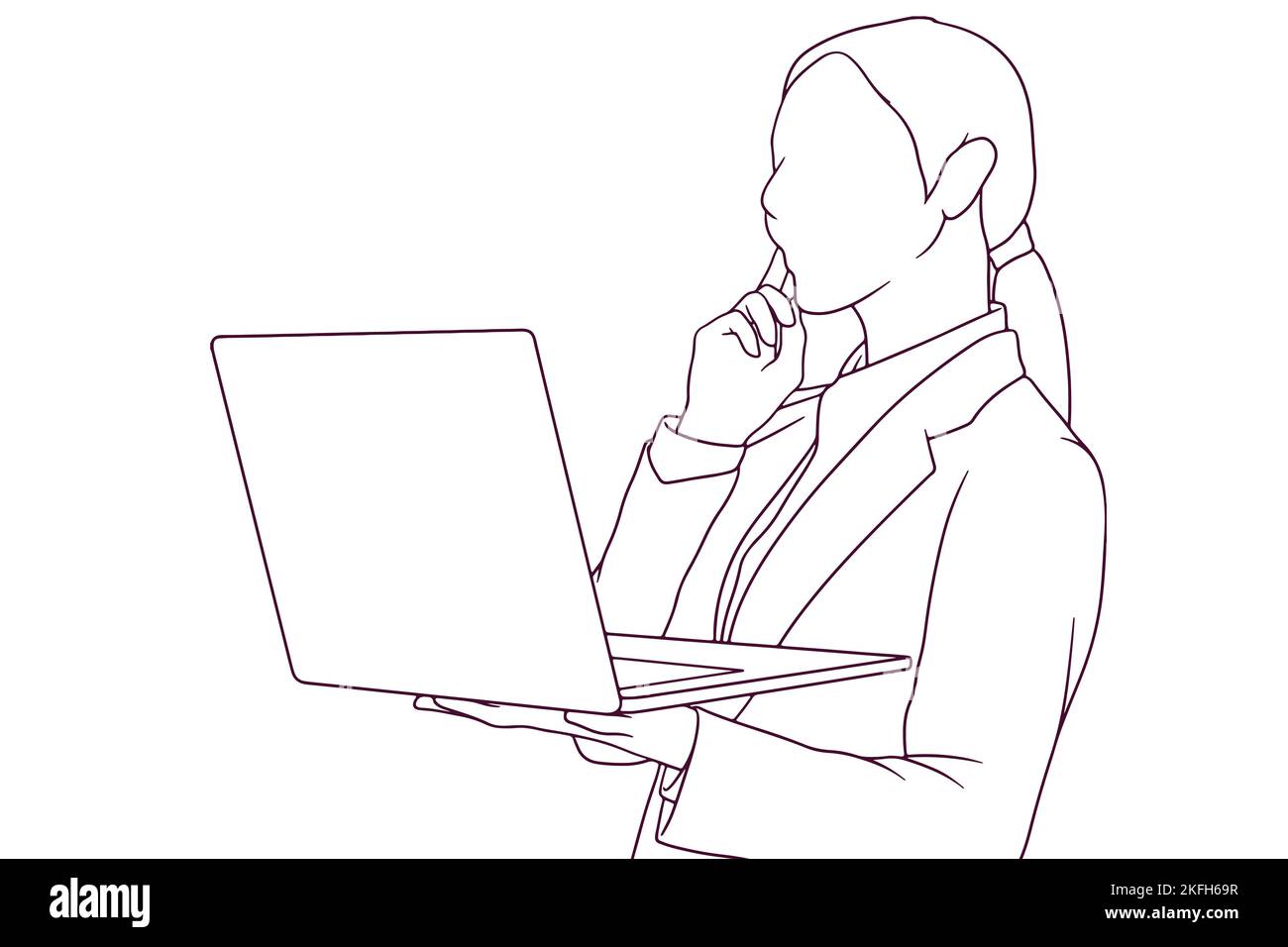 businesswoman with laptop thinking hand drawn style vector illustration ...