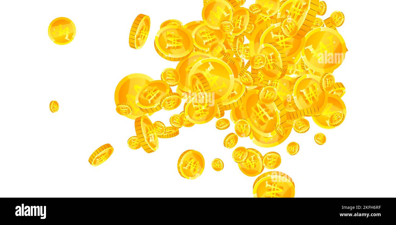 Korean won coins falling. Scattered gold WON coins. Korea money ...