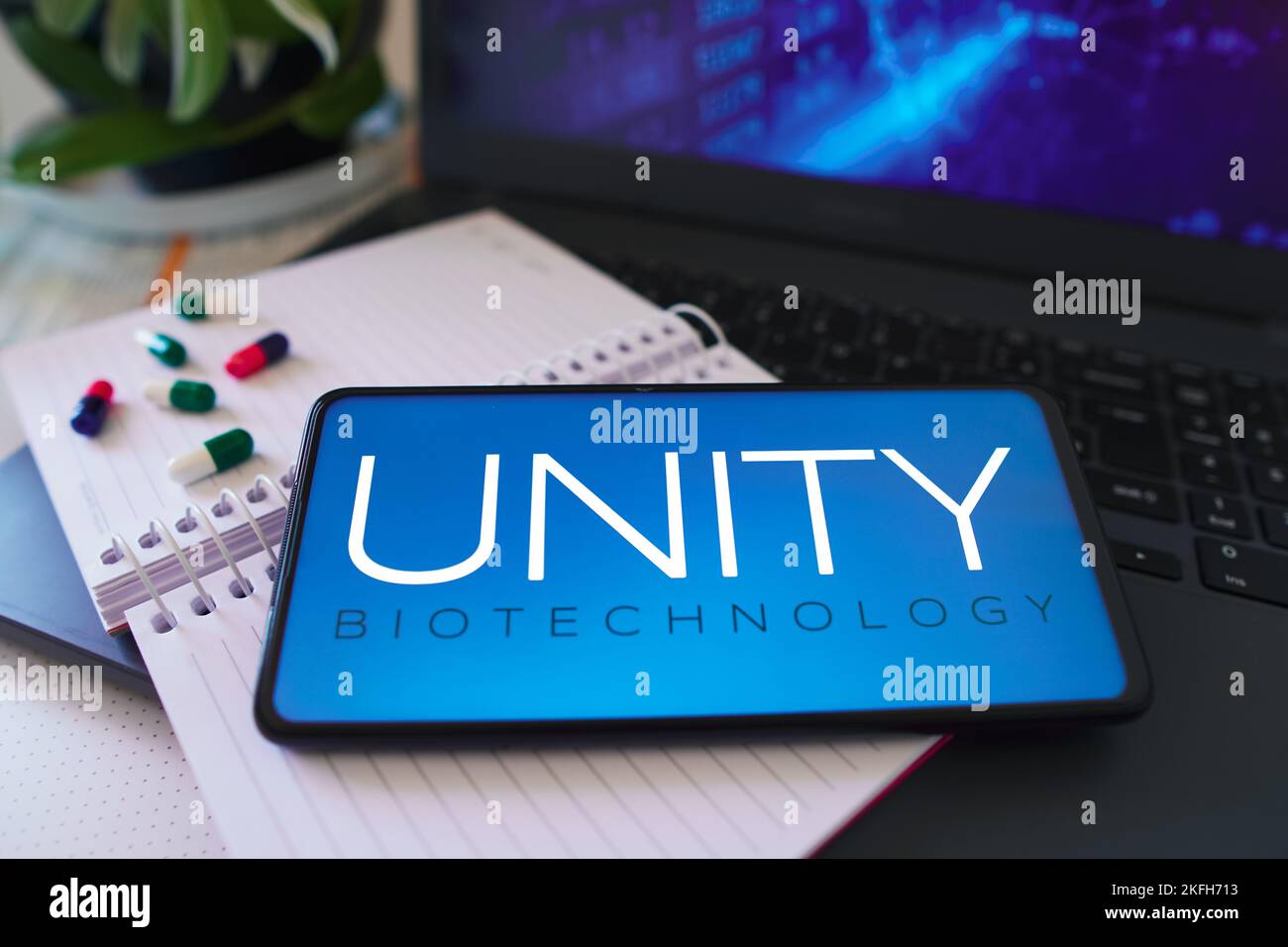 In this photo illustration, the Unity Biotechnology logo is displayed ...