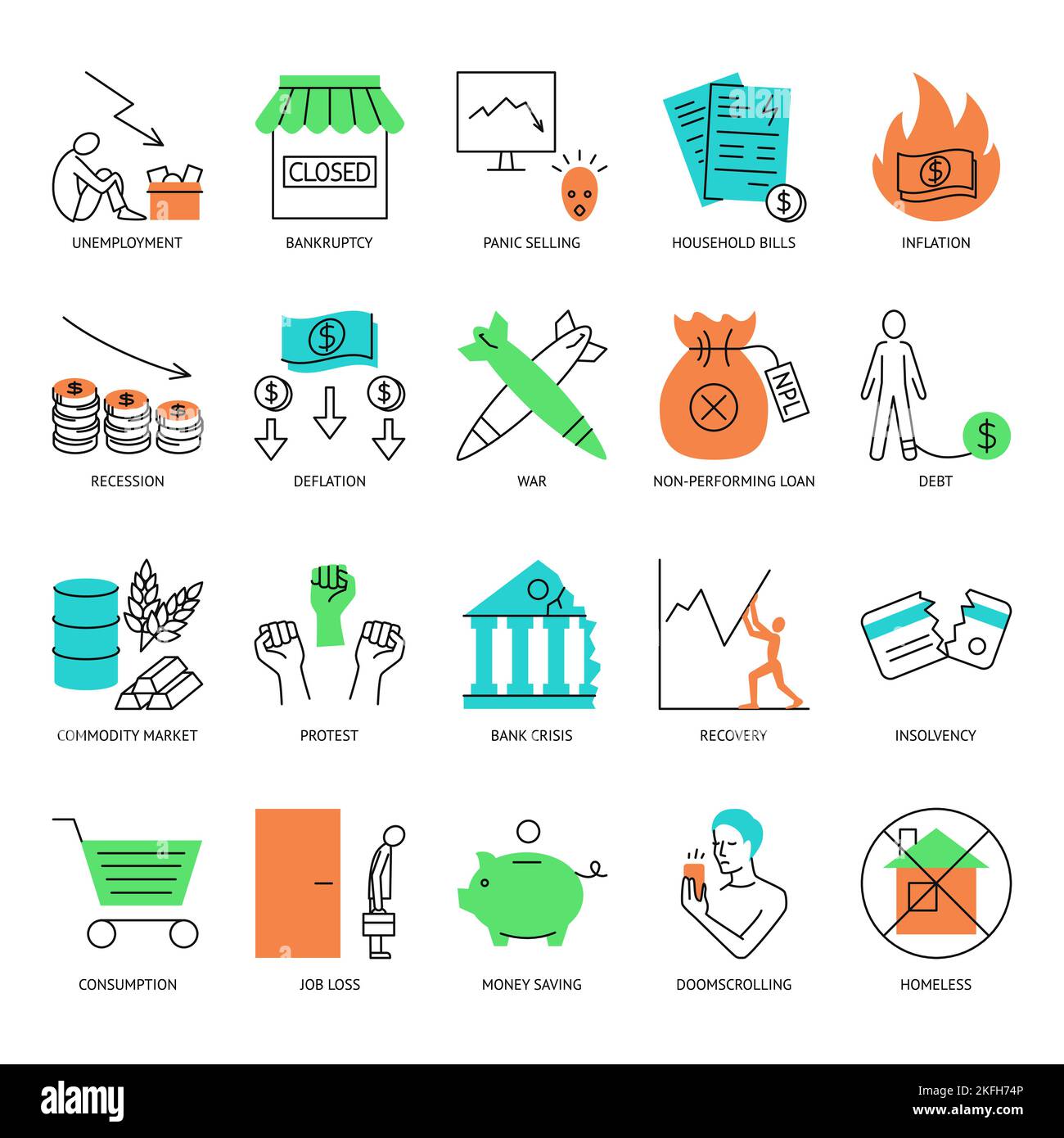 Economic and financial crisis icon set in line style. Vector ...