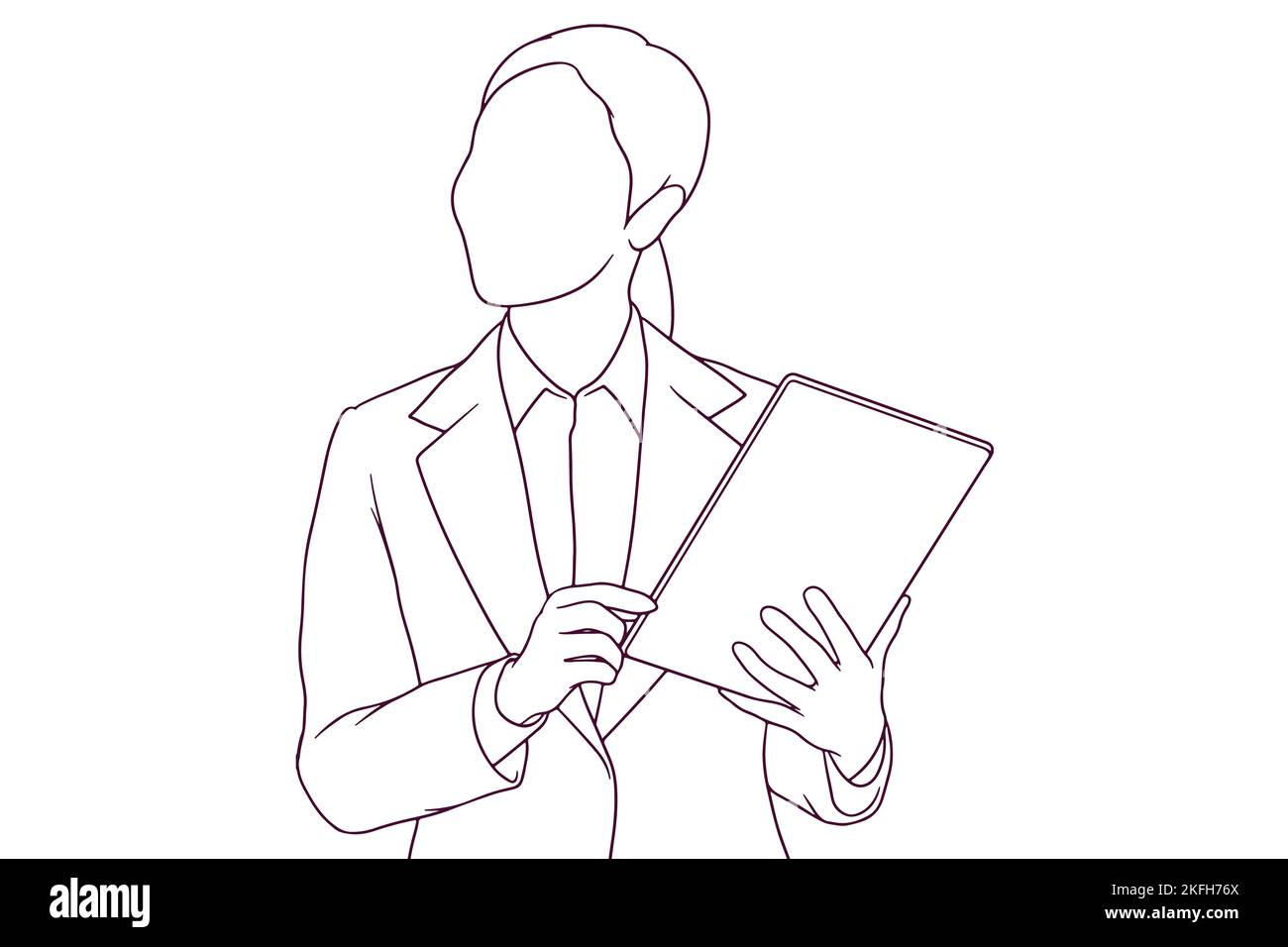 Businesswoman Using Tablet Hand Drawn Style Vector Illustration Stock