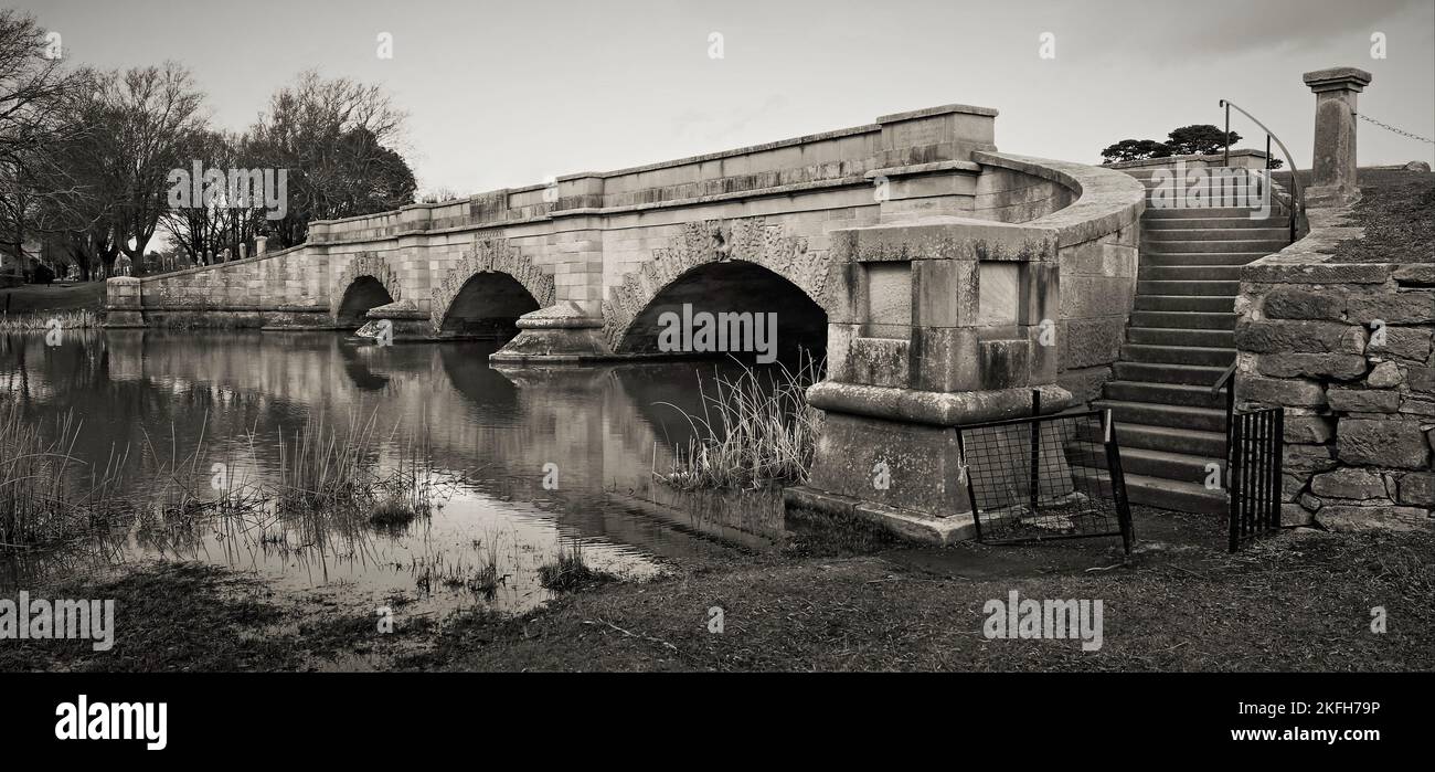 A grayscale panoramic view of the Ross bridge in Ross, Australia Stock ...