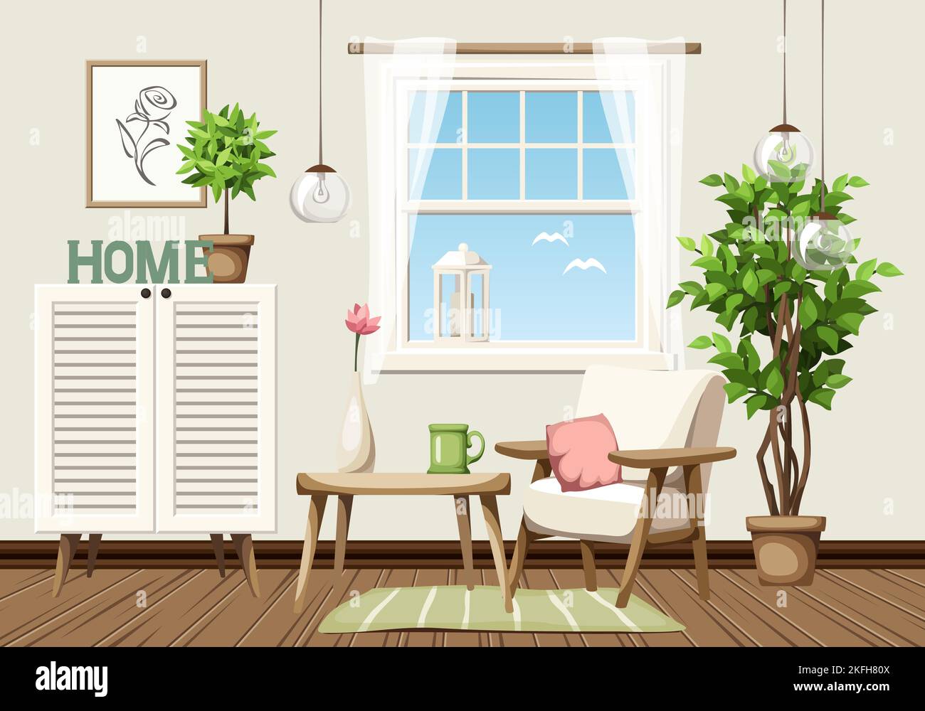 Cozy room interior with a white armchair, a table, a window, a cabinet ...