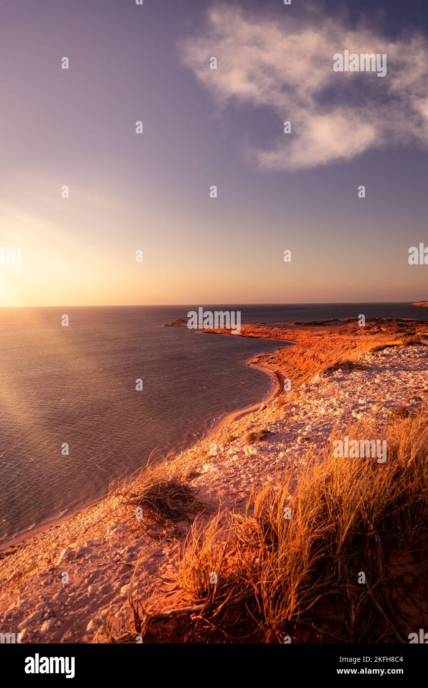 View of the bay from Eagle Bluff Lookout in warm tones at sunset in ...