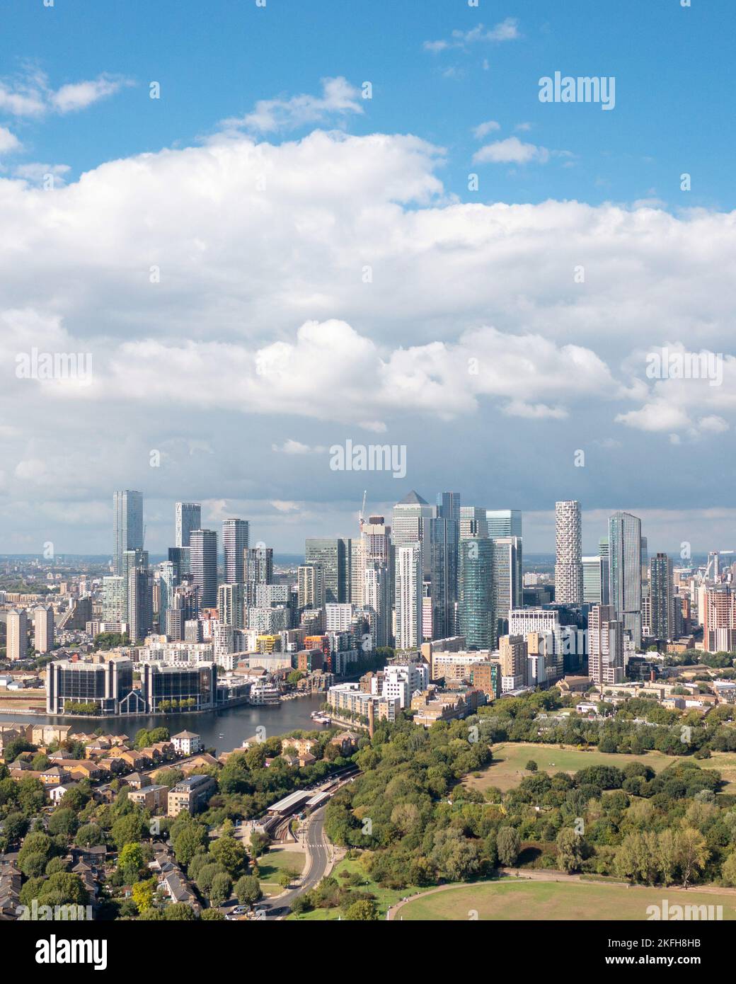 London, the city on the river bank, with residential buildings, green ...