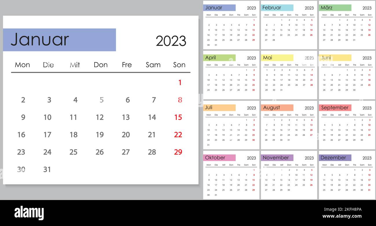 Calendar 2023 on German language, week start on Monday. Vector template ...