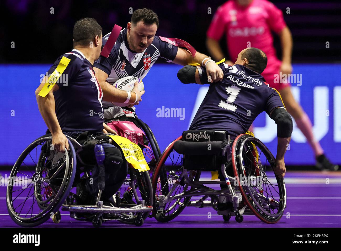 Manchester, UK. 18th Nov, 2022. Sebastien Bechara of England tackled by ...