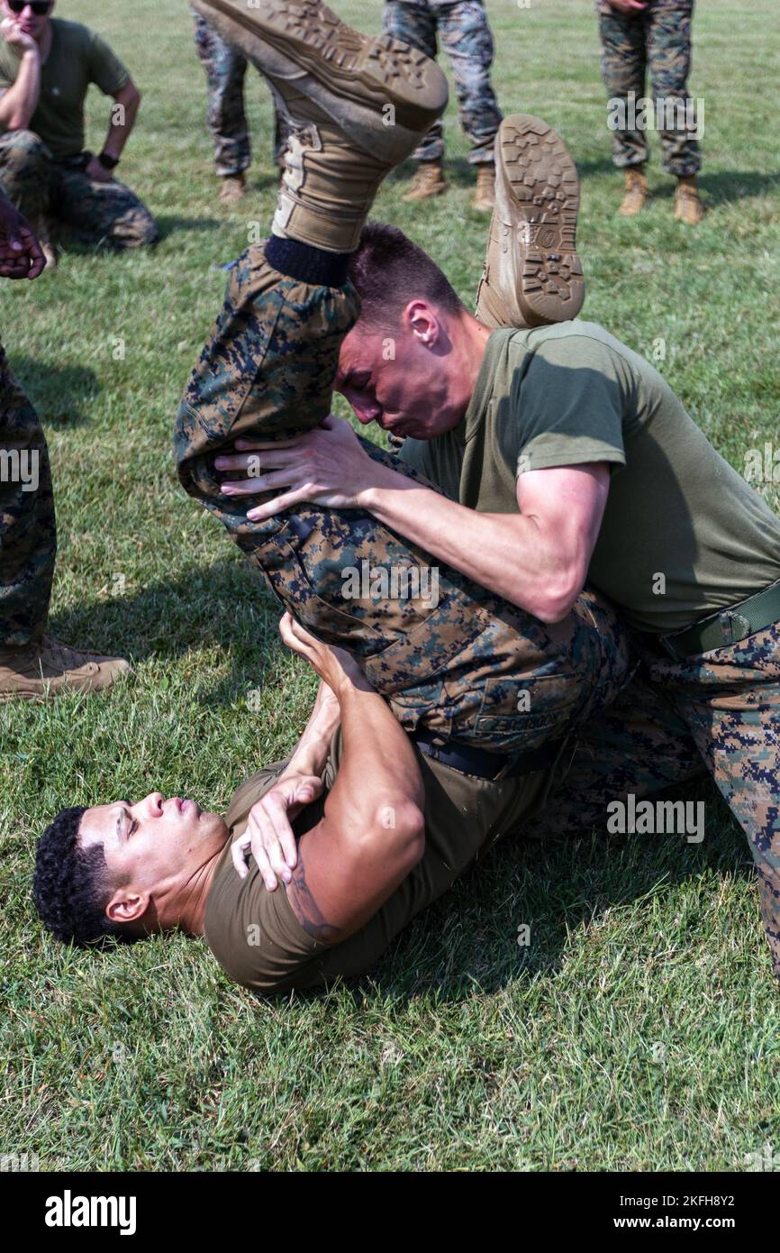 U.S. Marine Corps Sgt. Jeromy Rodrigues and Cpl. Dylan Coombs grapple ...