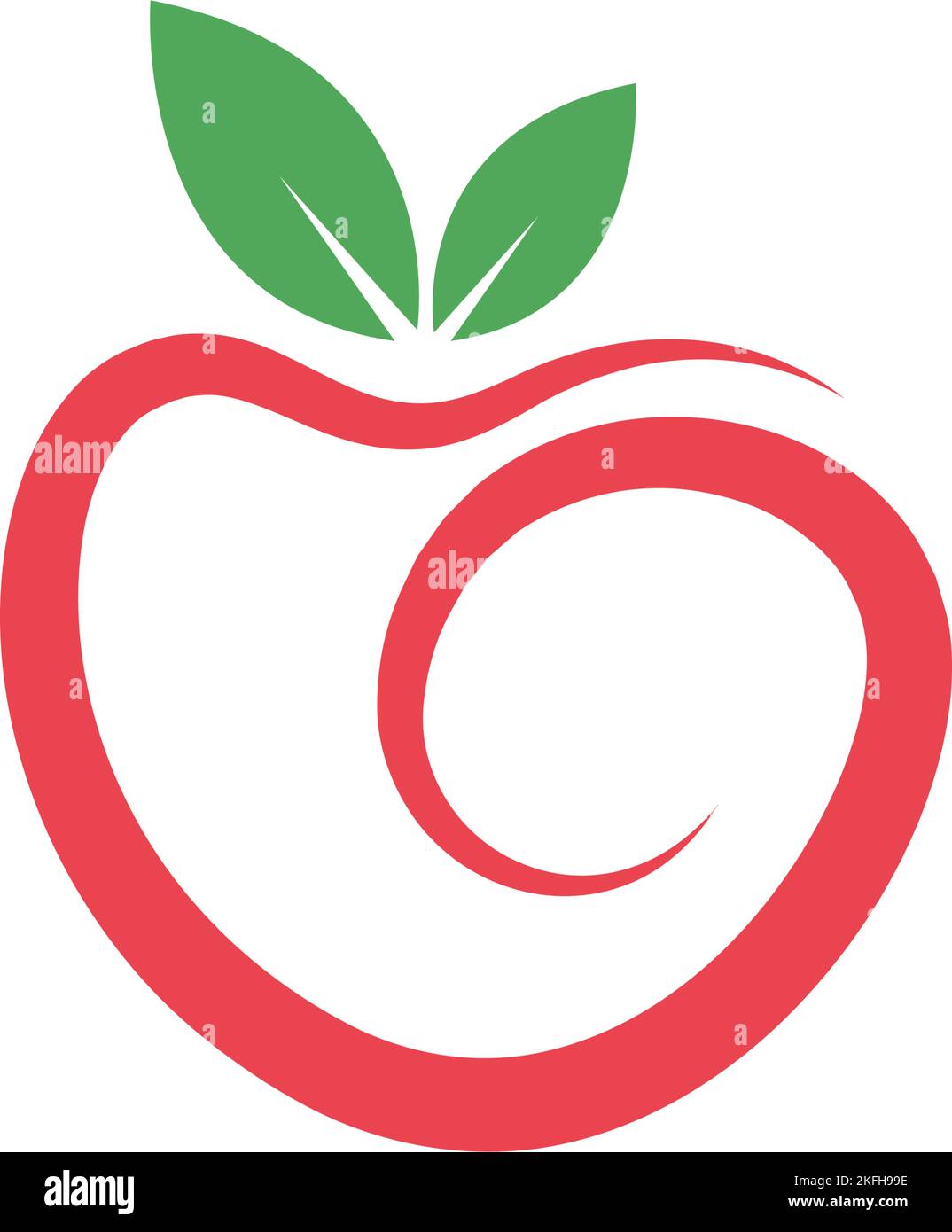 A red apple fruit outline icon with green leaves on a white background ...