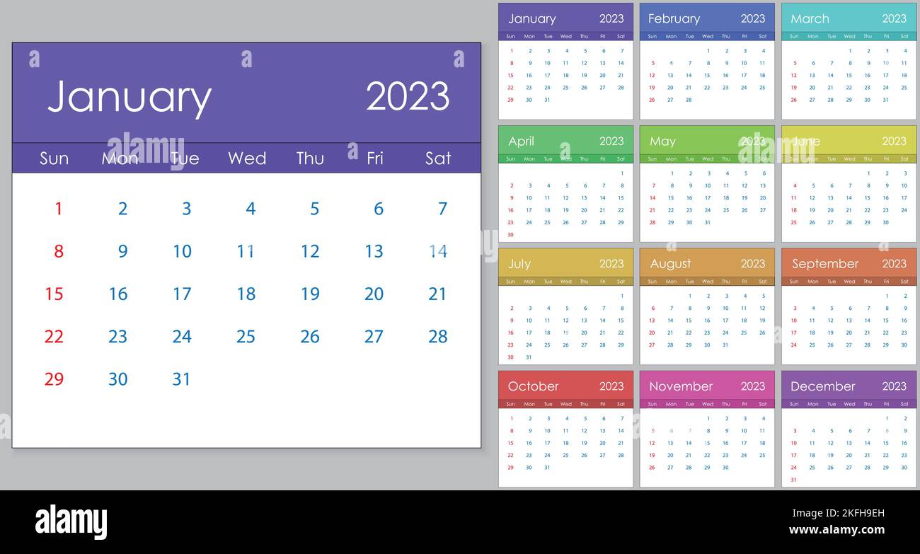 Calendar 2023 on English language, week start on Sunday. Vector ...