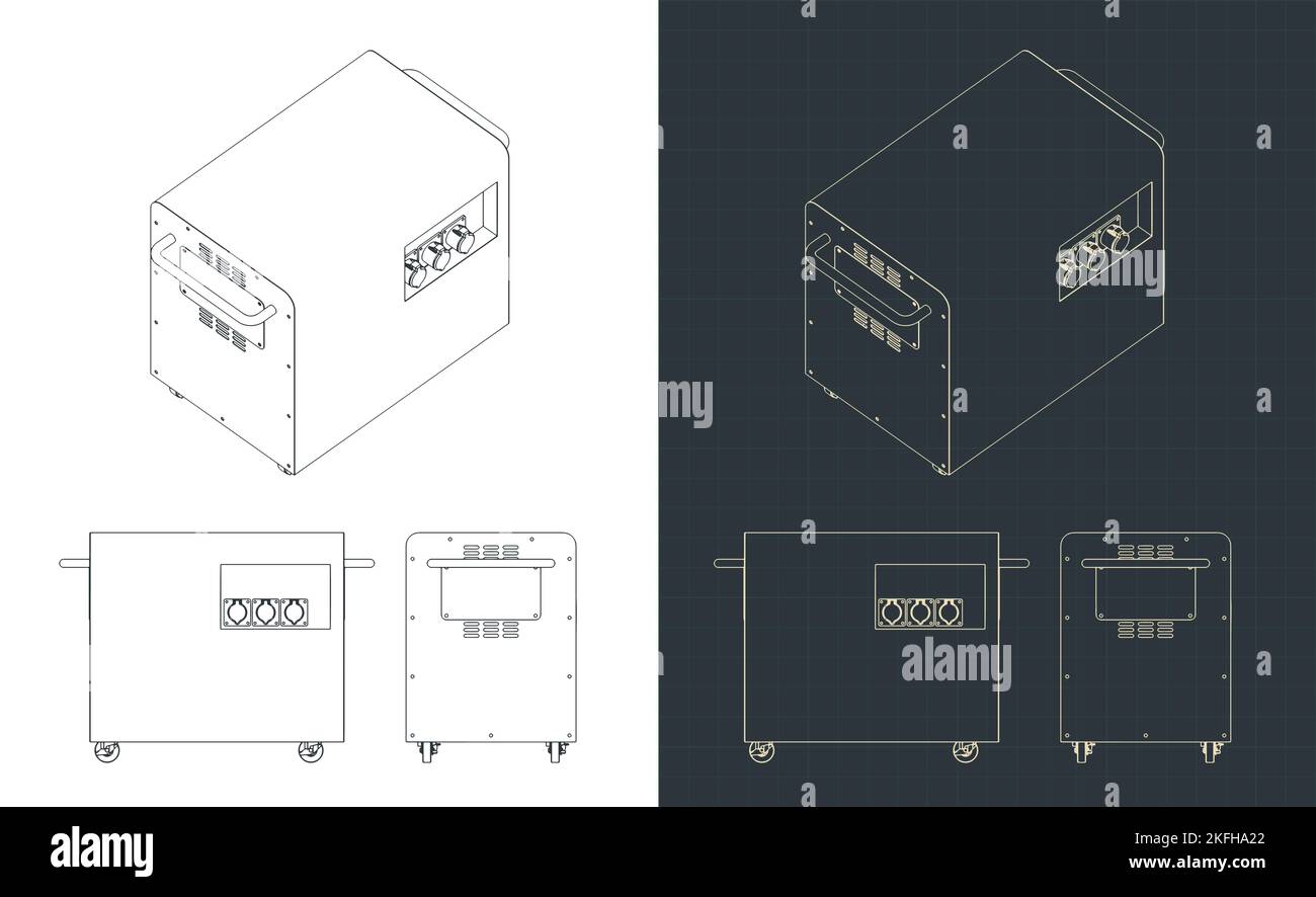 Stylized vector illustrations of blueprints of small diesel generator ...