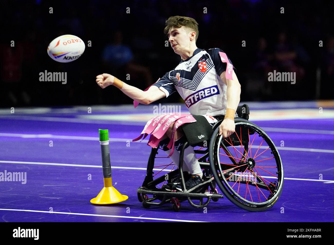 England's Robert Hawkins scores a conversion during the Wheelchair ...
