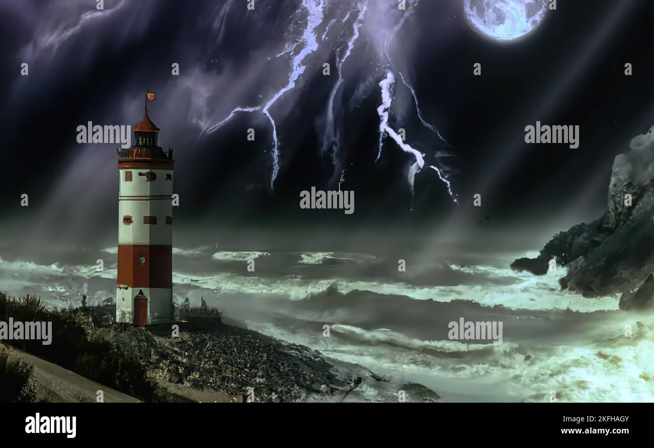 Old lighthouse at the sea shore during thunderstorm and moonlight Stock ...