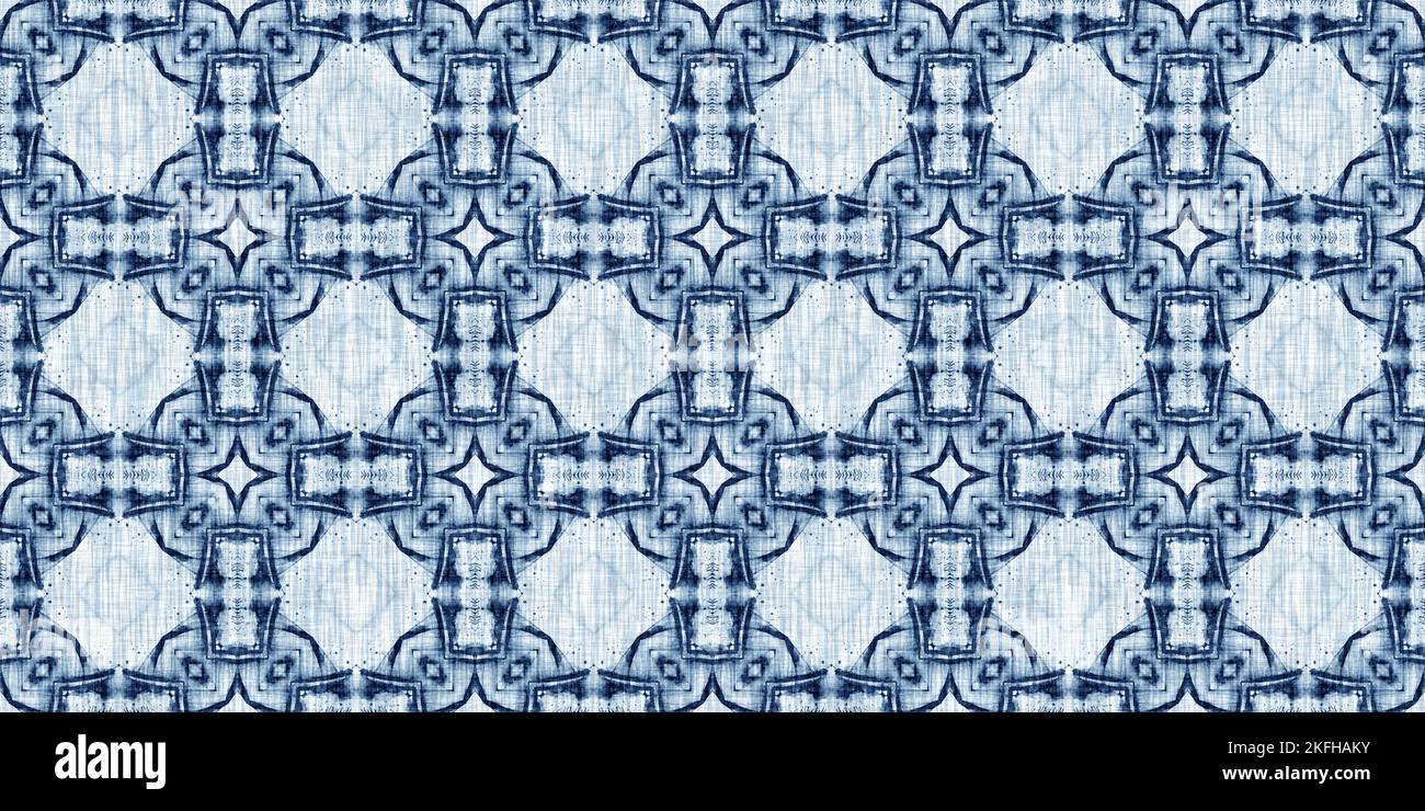 Indigo dye wash coastal damask seamless border pattern. Washed out ...