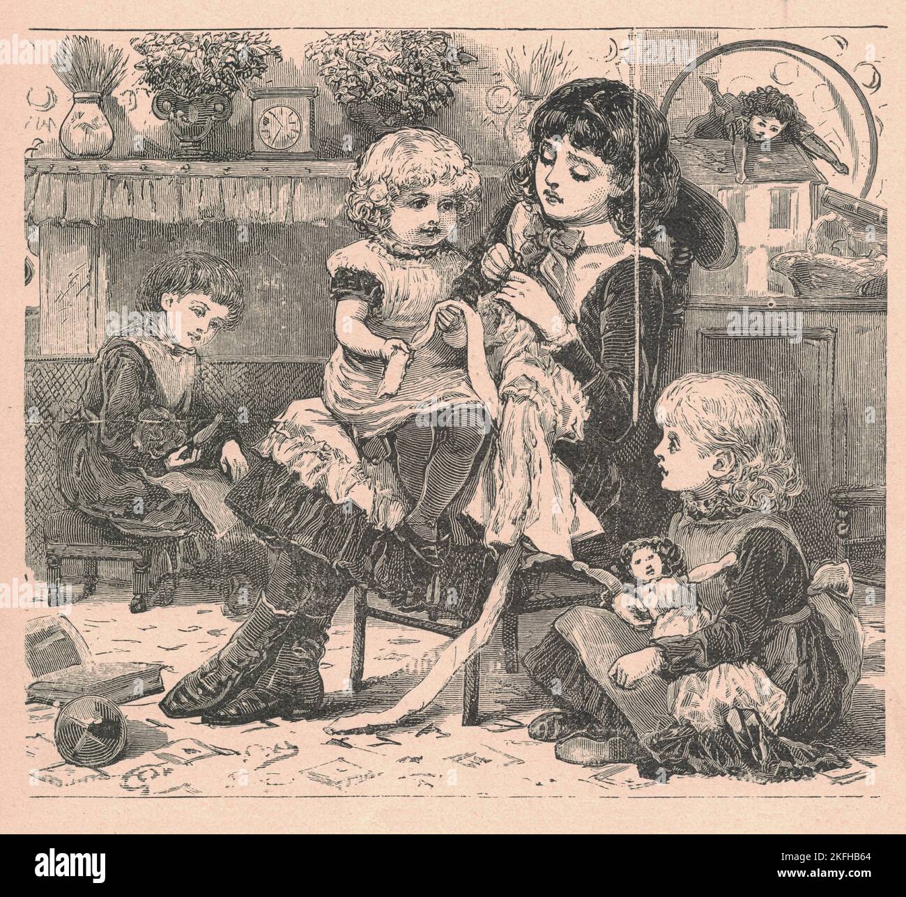 Black and white antique illustration shows children in the living room ...