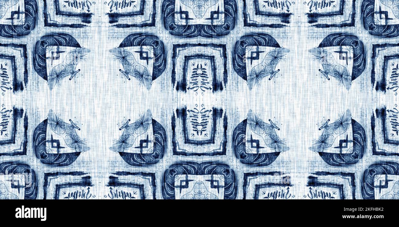 Indigo dye wash coastal damask seamless border pattern. Washed out ...