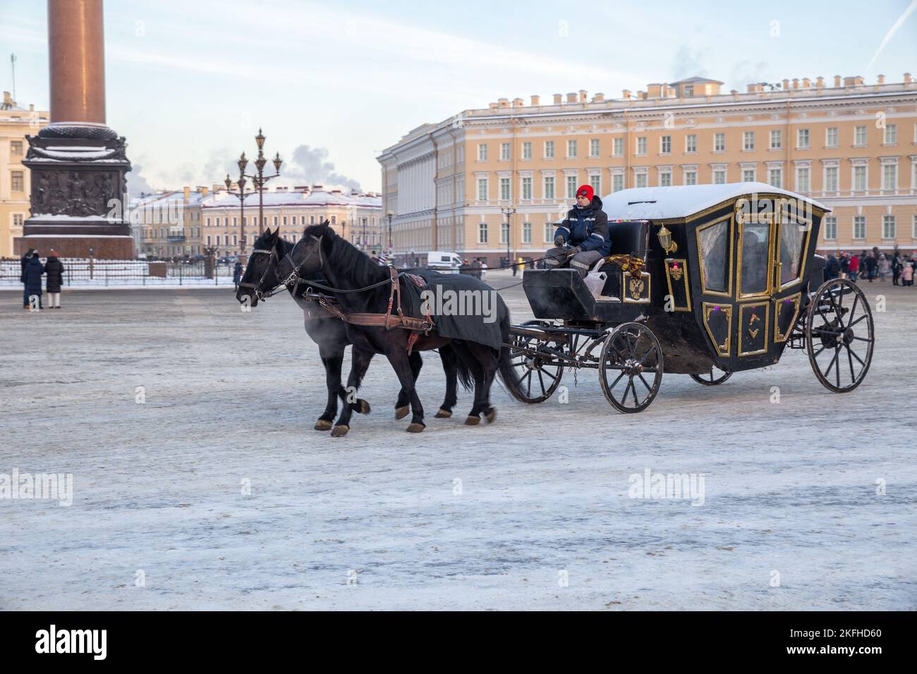St. Petersburg, Russia - January 08, 2022: A carriage drawn by two ...
