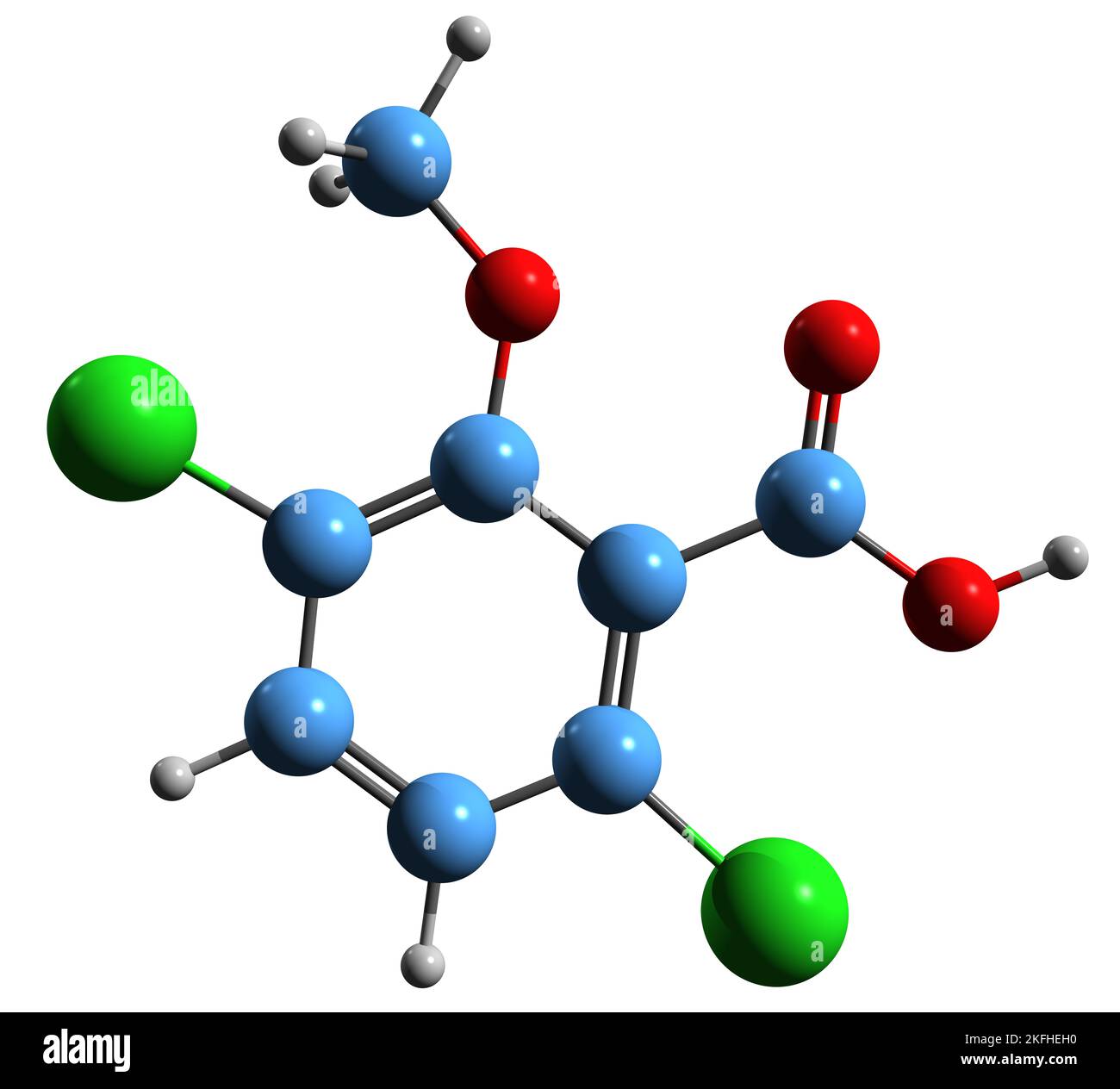 3D image of Dicamba skeletal formula - molecular chemical structure of broad-spectrum herbicide ...