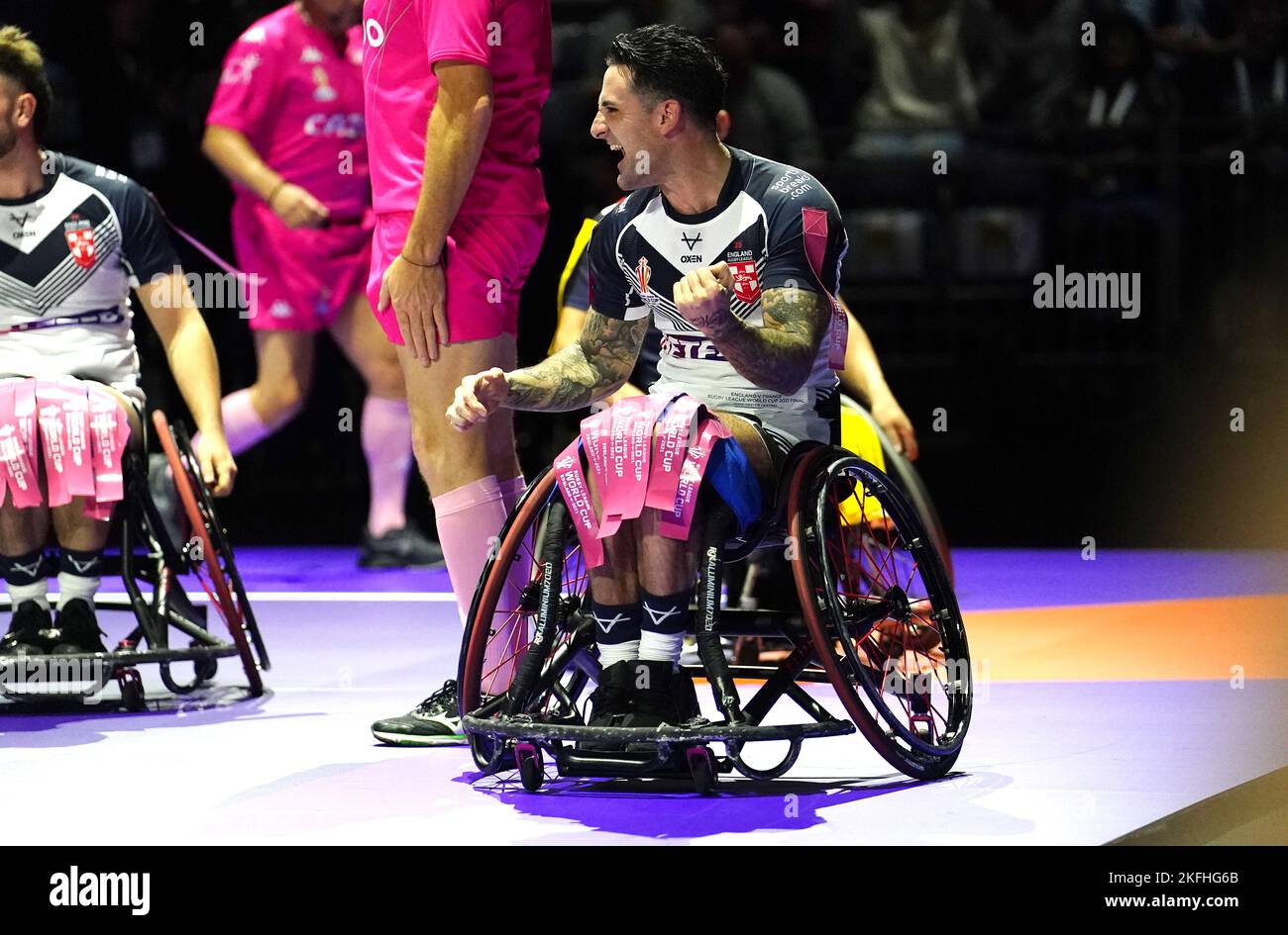 England's Lewis King celebrates scoring their side's third try of the ...