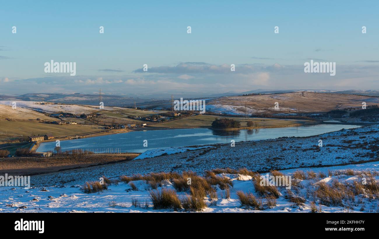 Reservoir at Clowbridge, Rossendale, Lancashire. Looking over the snow ...