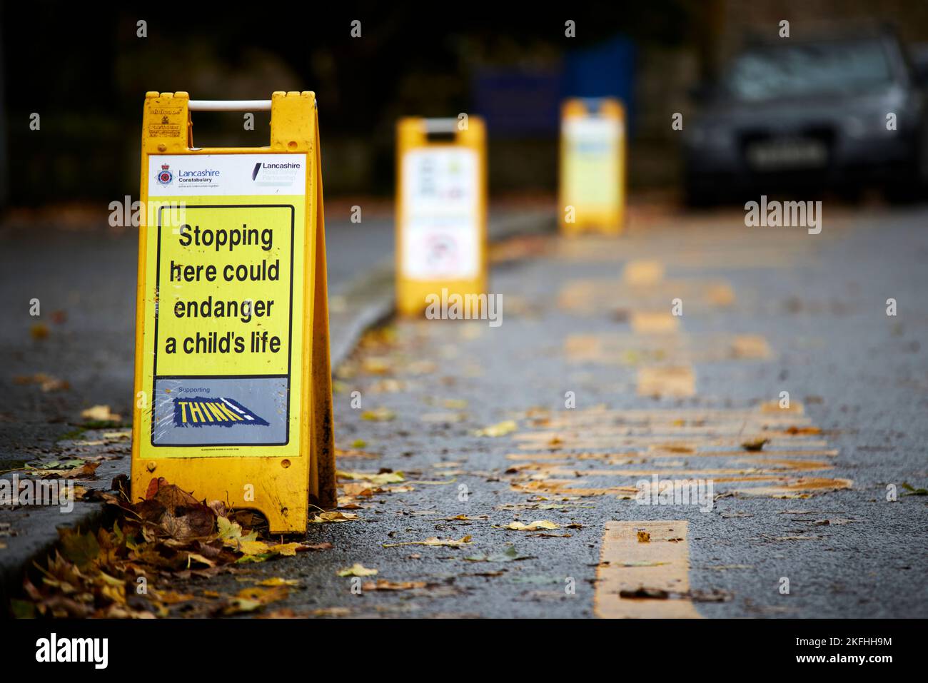 Lancashire no-stopping school road markings Stock Photo - Alamy