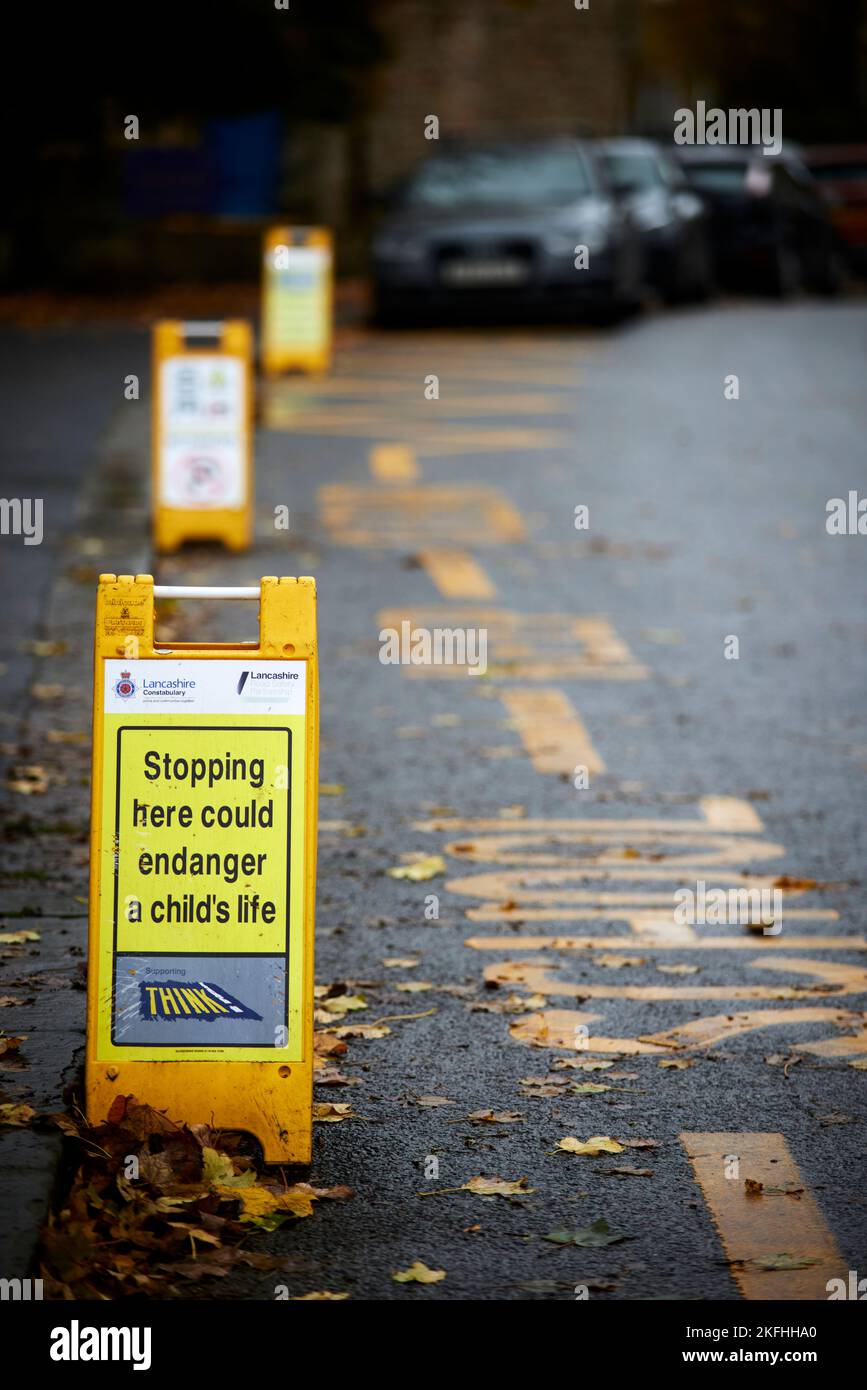 Lancashire no-stopping school road markings Stock Photo - Alamy
